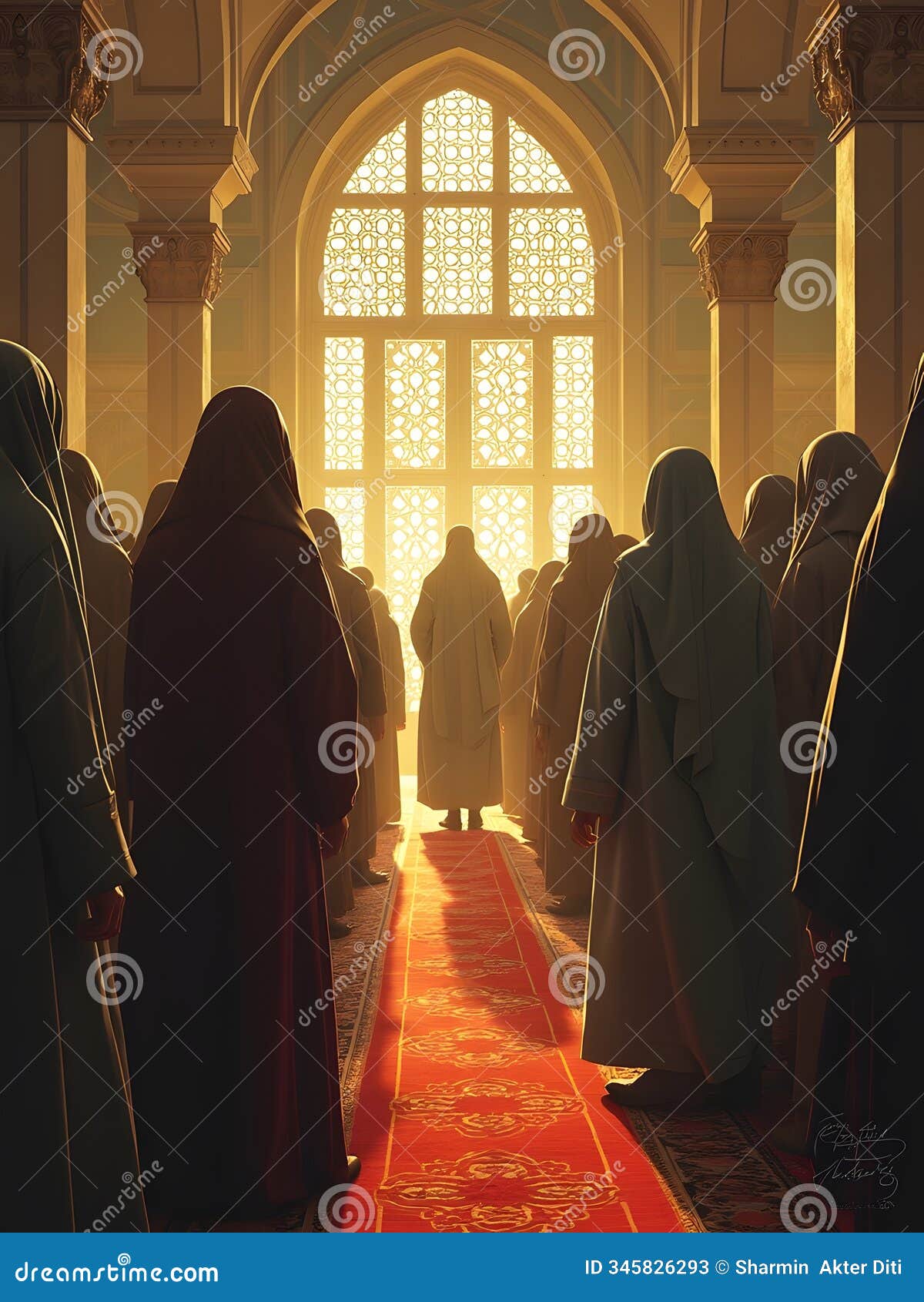 Muslims Praying in Front of the Dome of the Mosque Stock Illustration ...