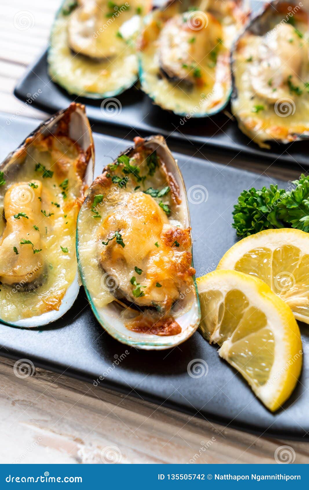 Mussel baked with cheese stock photo. Image of healthy - 135505742