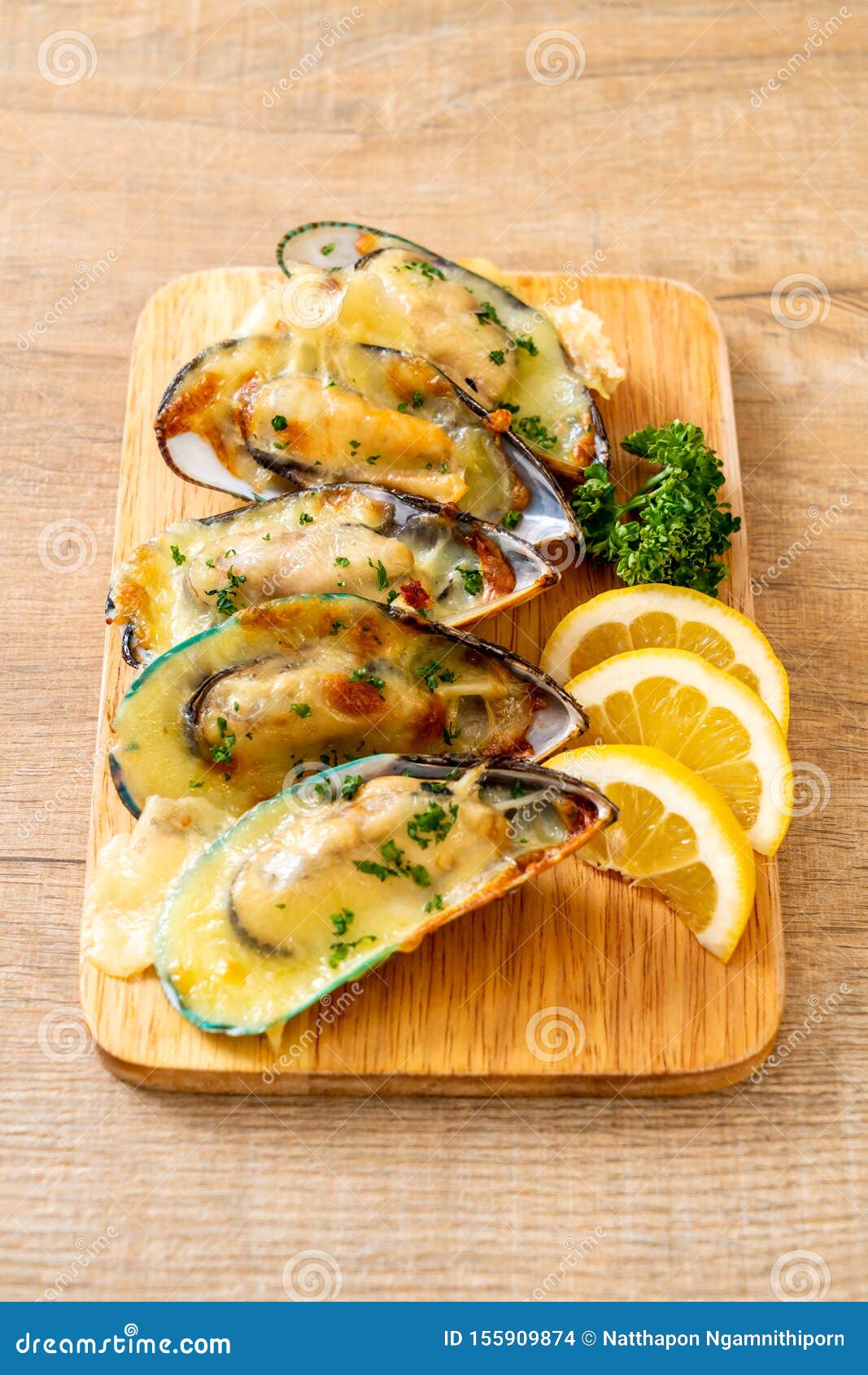 Mussel baked with cheese stock photo. Image of dinner - 155909874