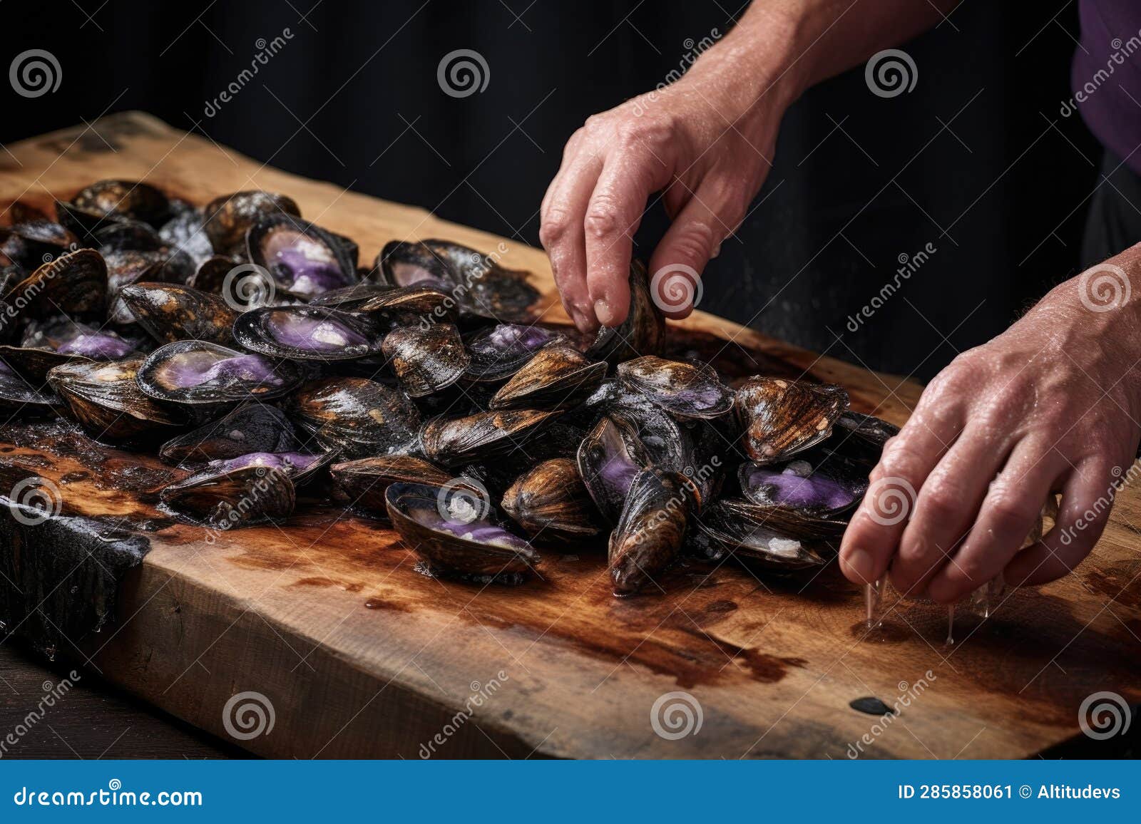 Mussels Being Cleaned and Debearded on a Board Stock Illustration ...
