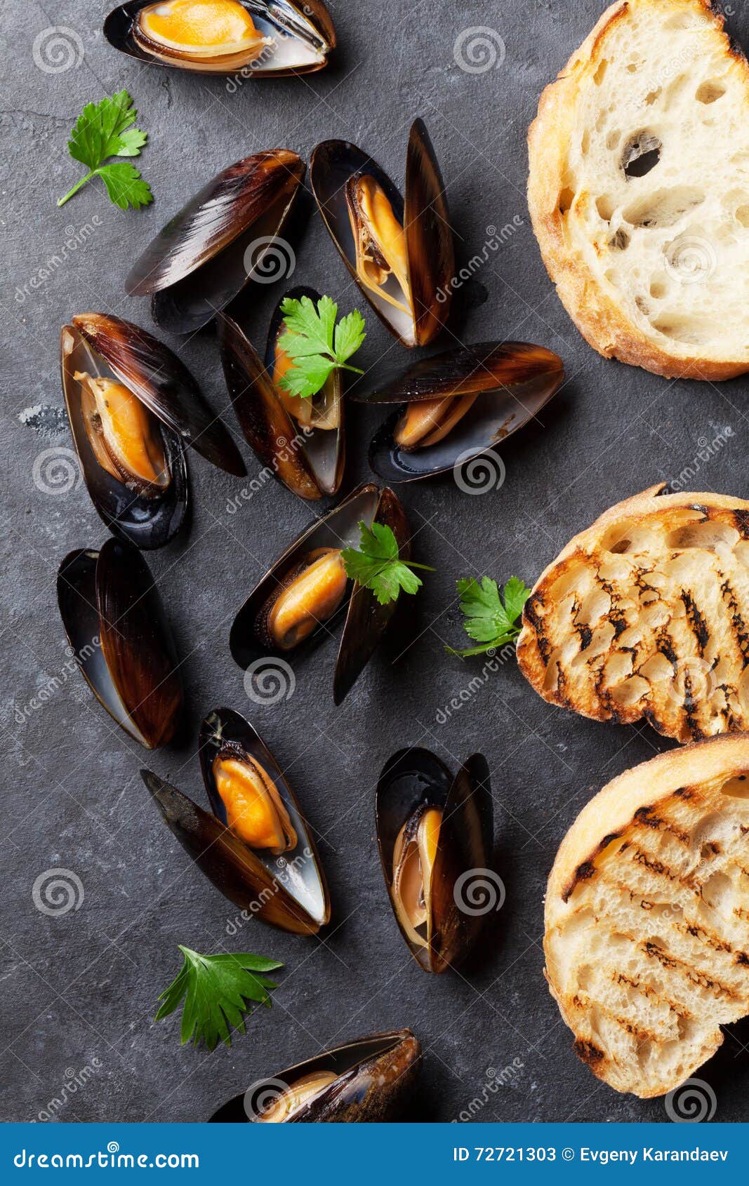 Mussels and bread toasts stock image. Image of slate - 72721303