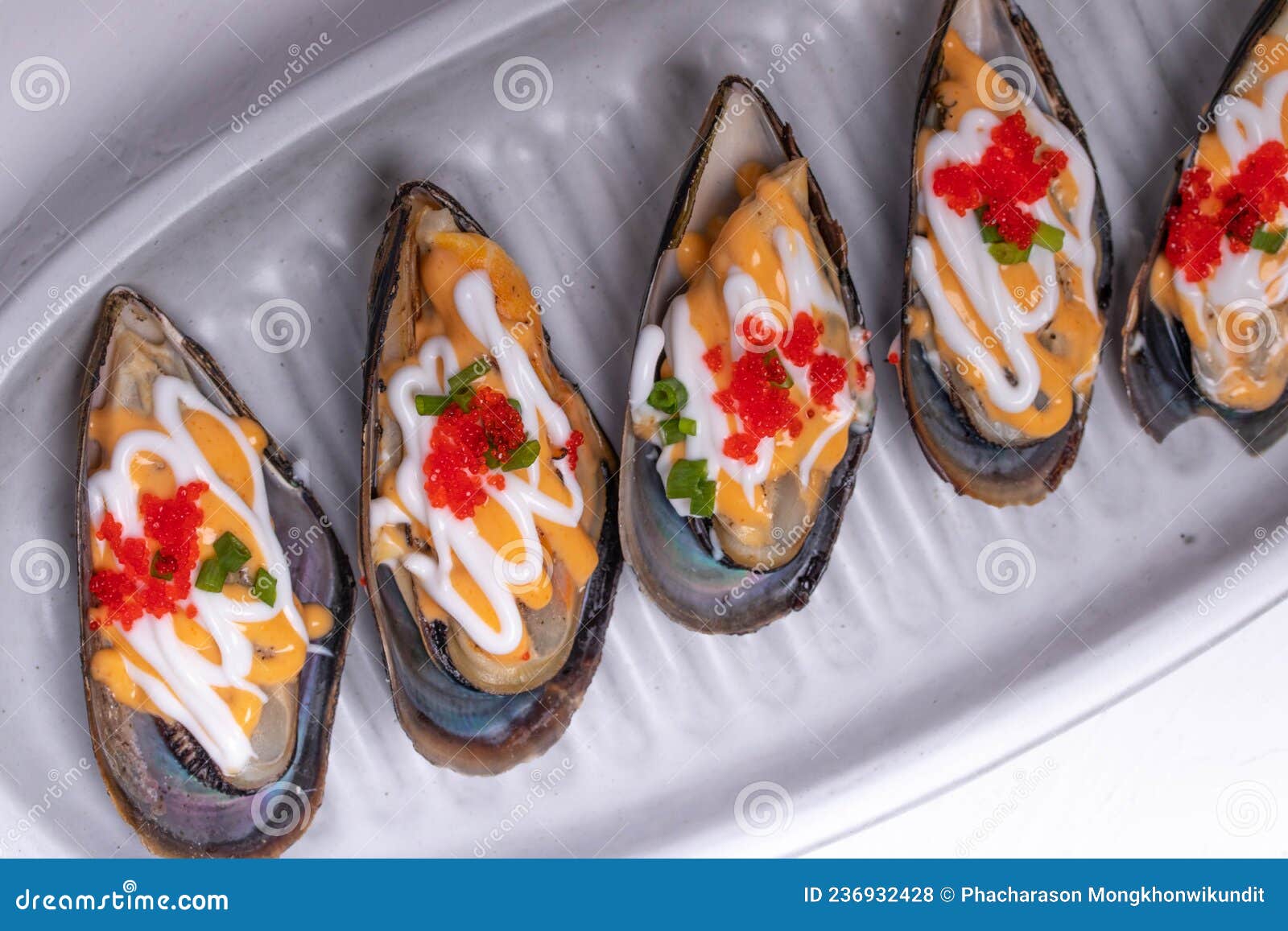 Mussels with Mayonnaise Sauce and Shrimp Roe Stock Photo - Image of ...