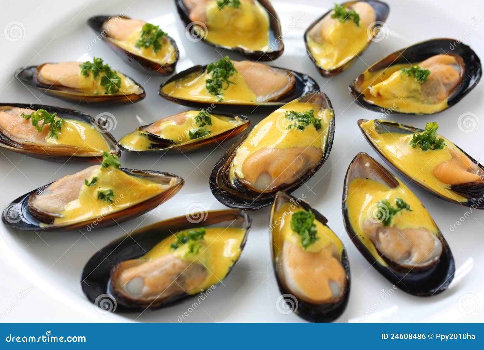 Mussels with saffron sauce stock photo. Image of close - 24608486