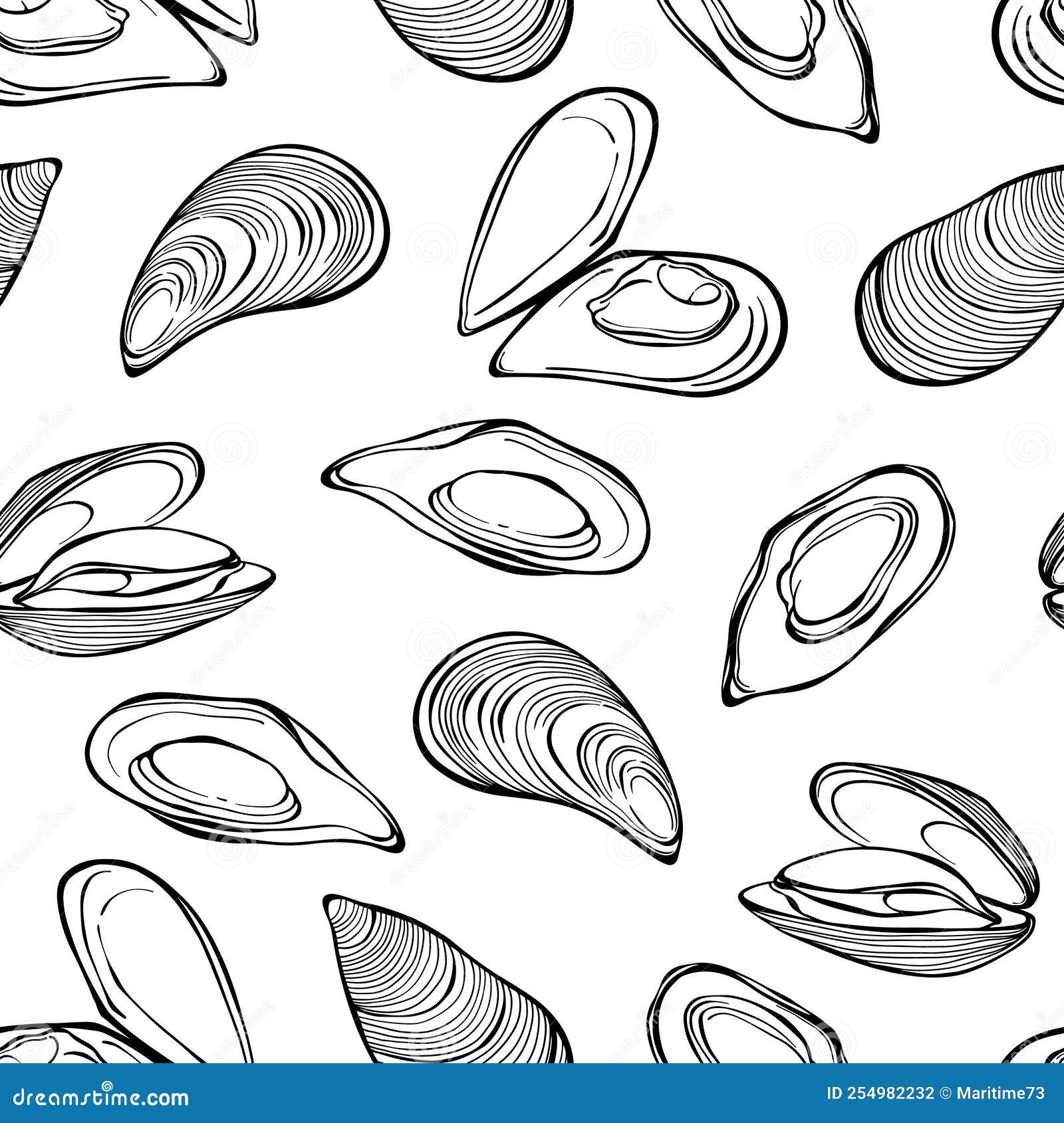 Mussels Seamless Pattern on White. Vector. Black and White. Perfect for ...