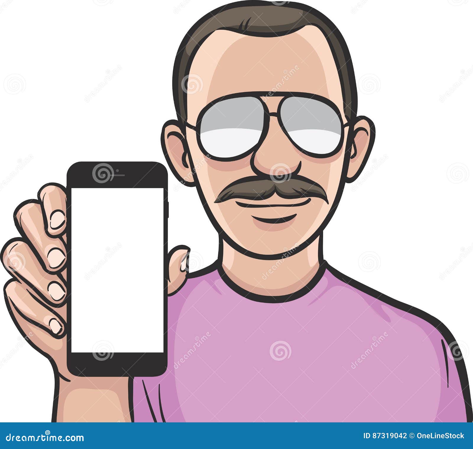 Mustache Man Showing A Mobile App On A Smart Phone Stock Vector