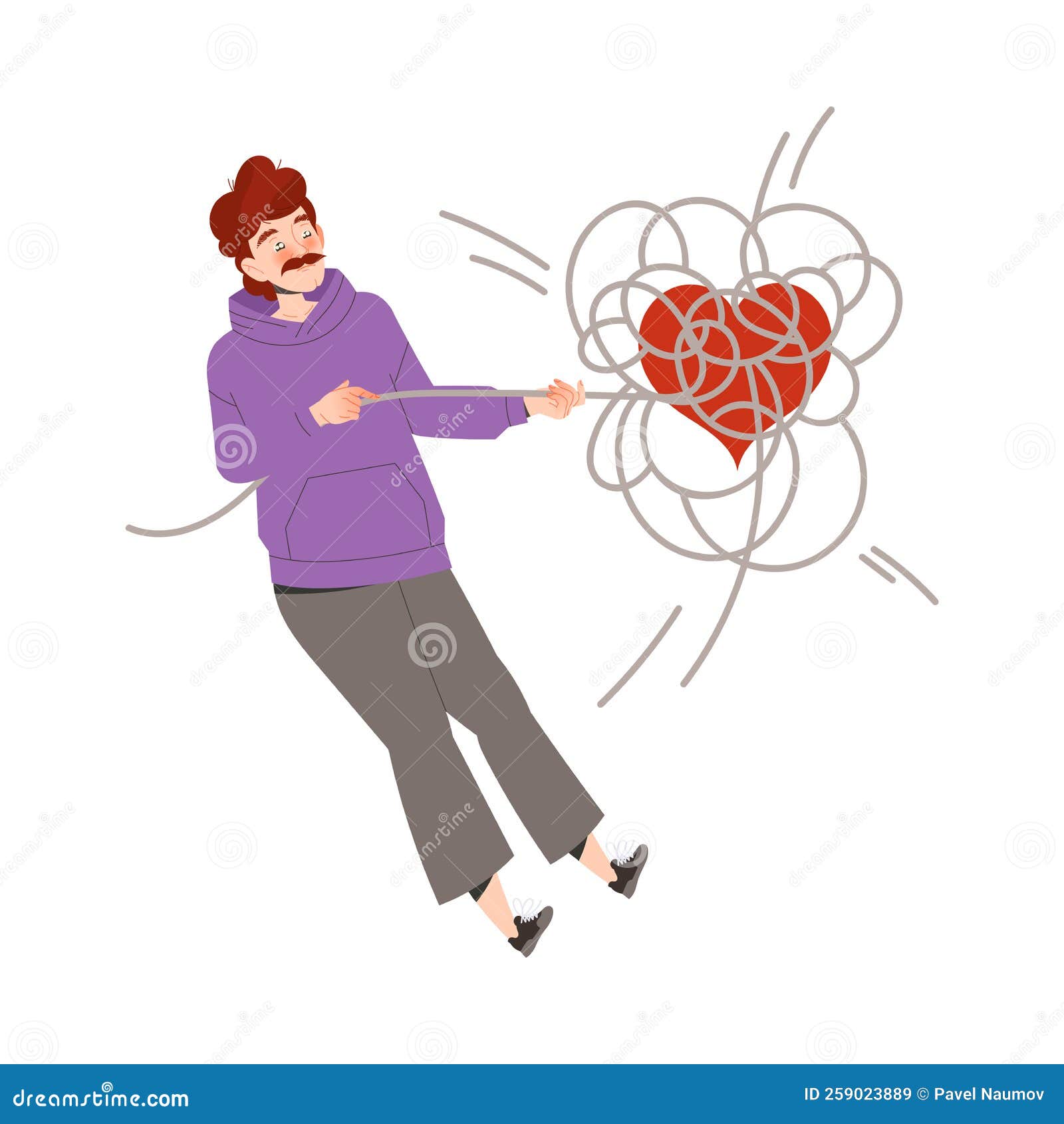 Mustached Man Pulling Entangled Around Heart Rope Having Relationship ...