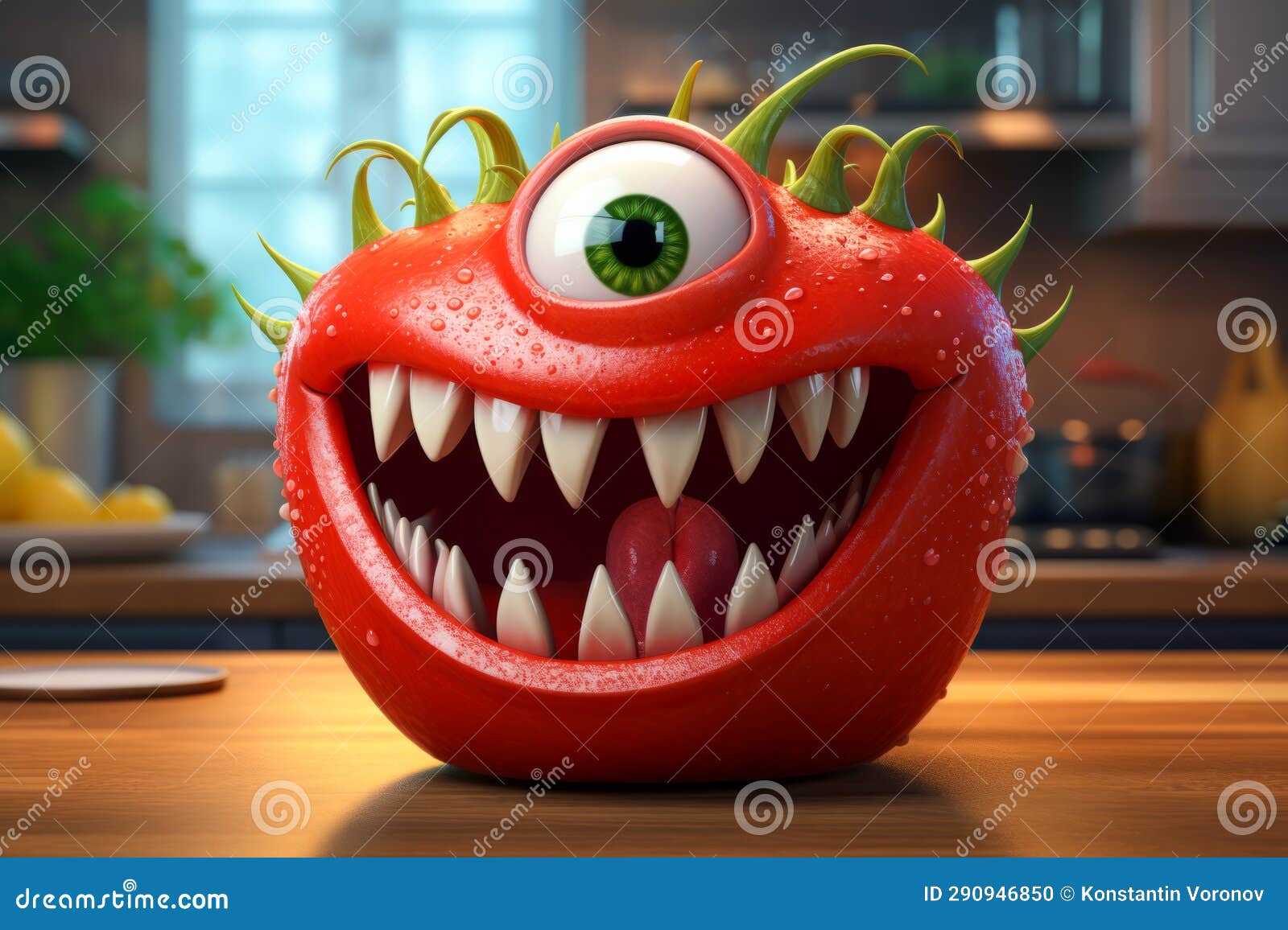 Mutant Tomato, with Sharp Teeth and a Menacing Smile, Sits in a Kitchen ...