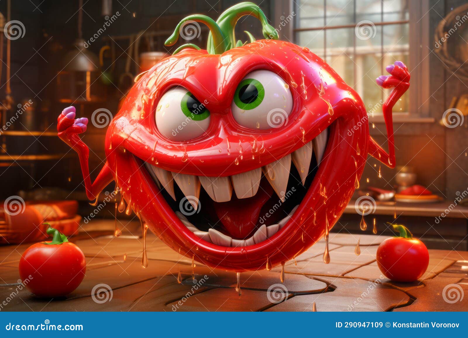 Mutant Tomato, with Sharp Teeth and a Menacing Smile, Sits in a Kitchen ...
