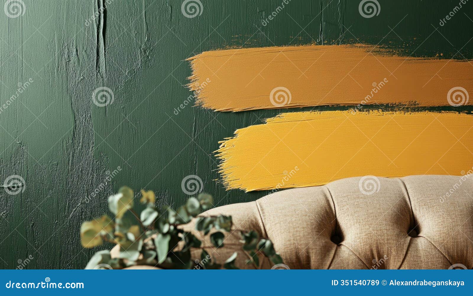 Muted Mustard and Forest Green Accent Wall with Cozy Beige Sofa and ...