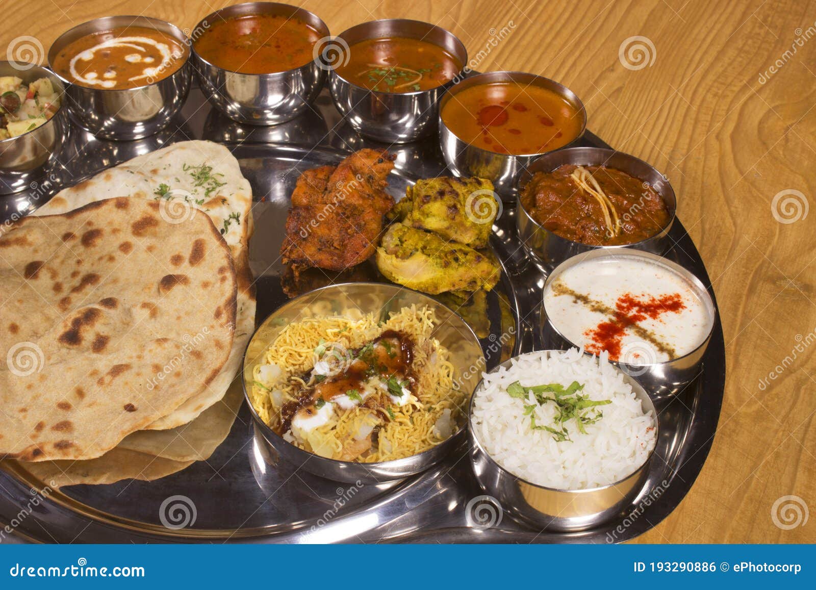 Mutton Thali with Vegetables, Rice and Rotis Stock Photo - Image of ...