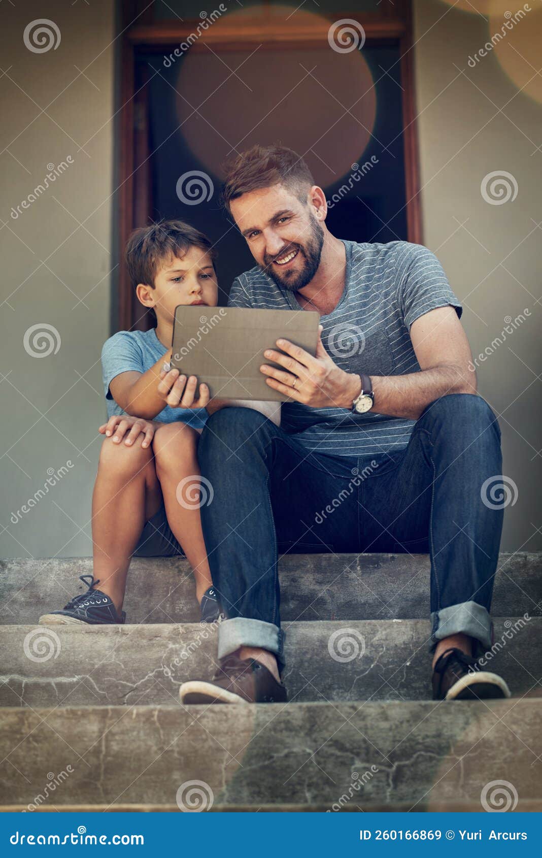 My Boys Ready for His First Tablet. a Father and Son Using a Digital ...