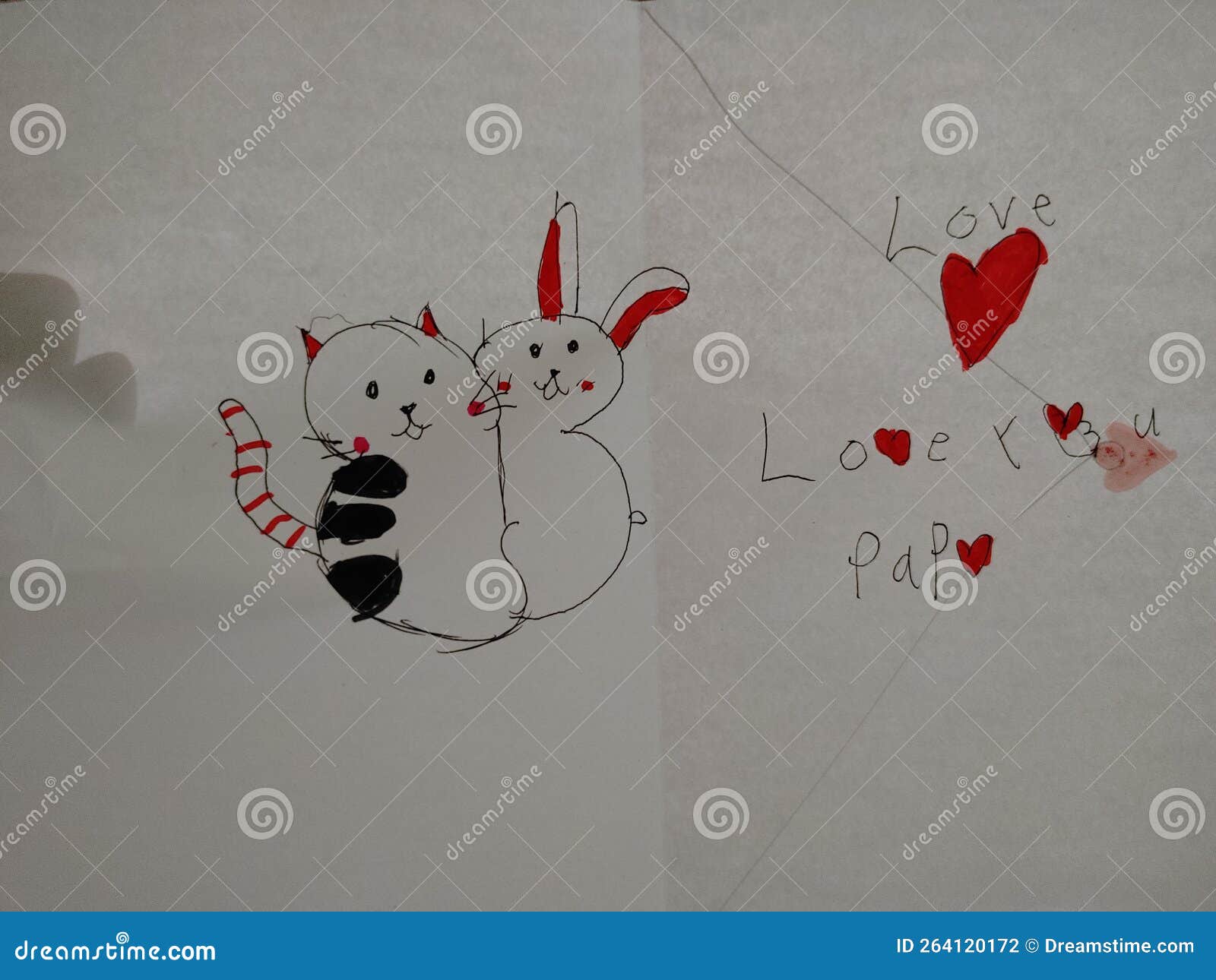 My Kid Drawing of Cat and Rabbit Stock Photo - Image of flower, sketch ...