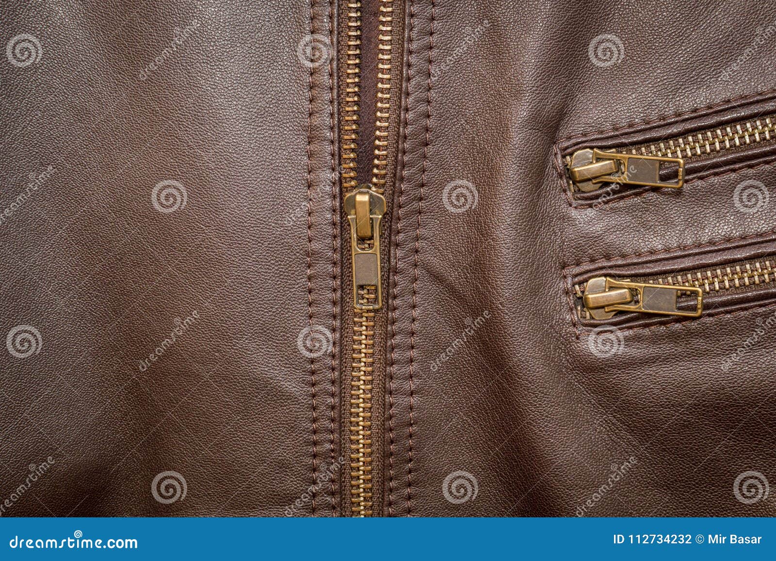 A Brown Leather Jacket with Zip Half Lowered Stock Photo - Image of ...