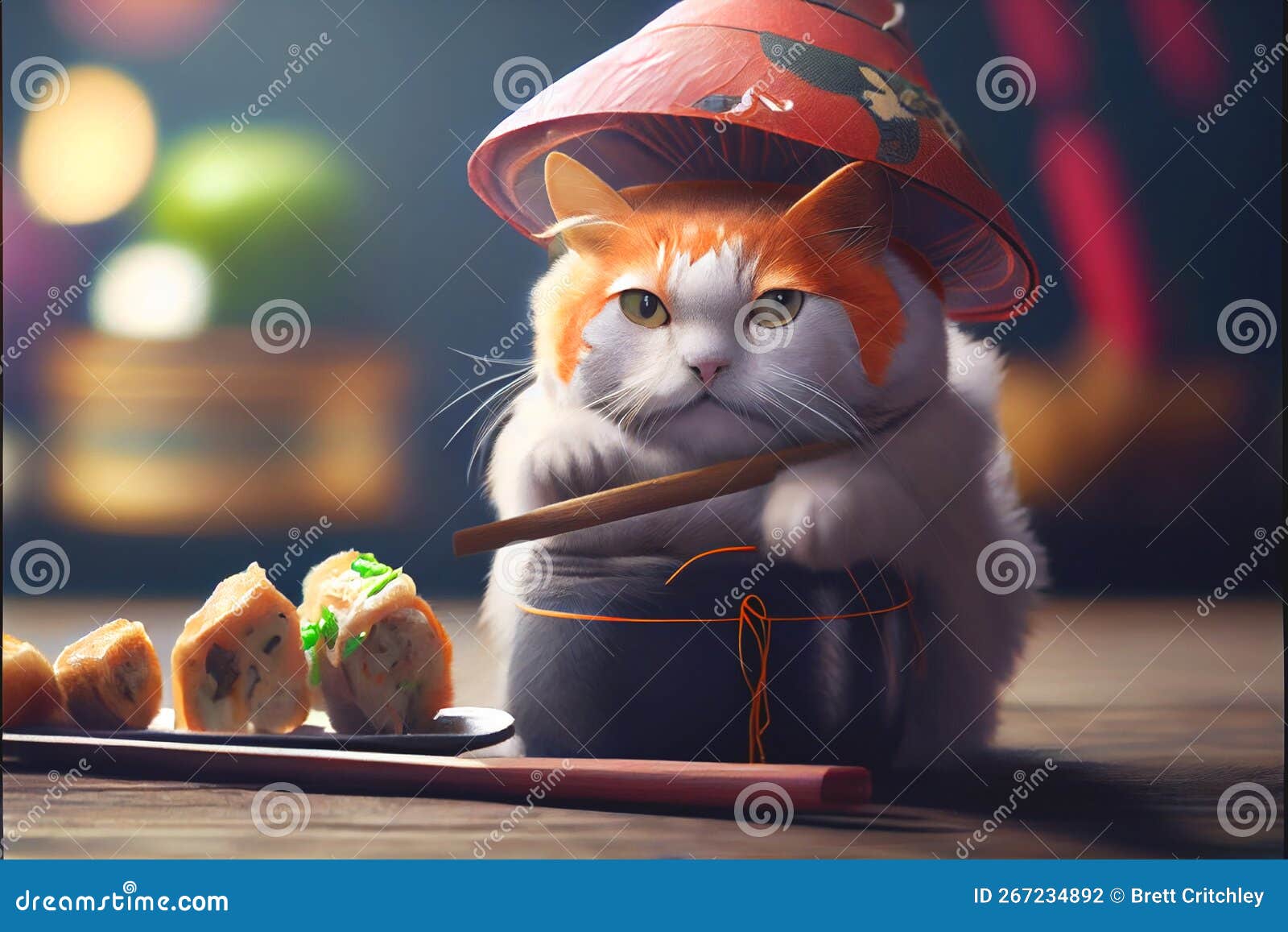 My Chef Cat Using Chopsticks Preparing and Eating Sushi Stock ...