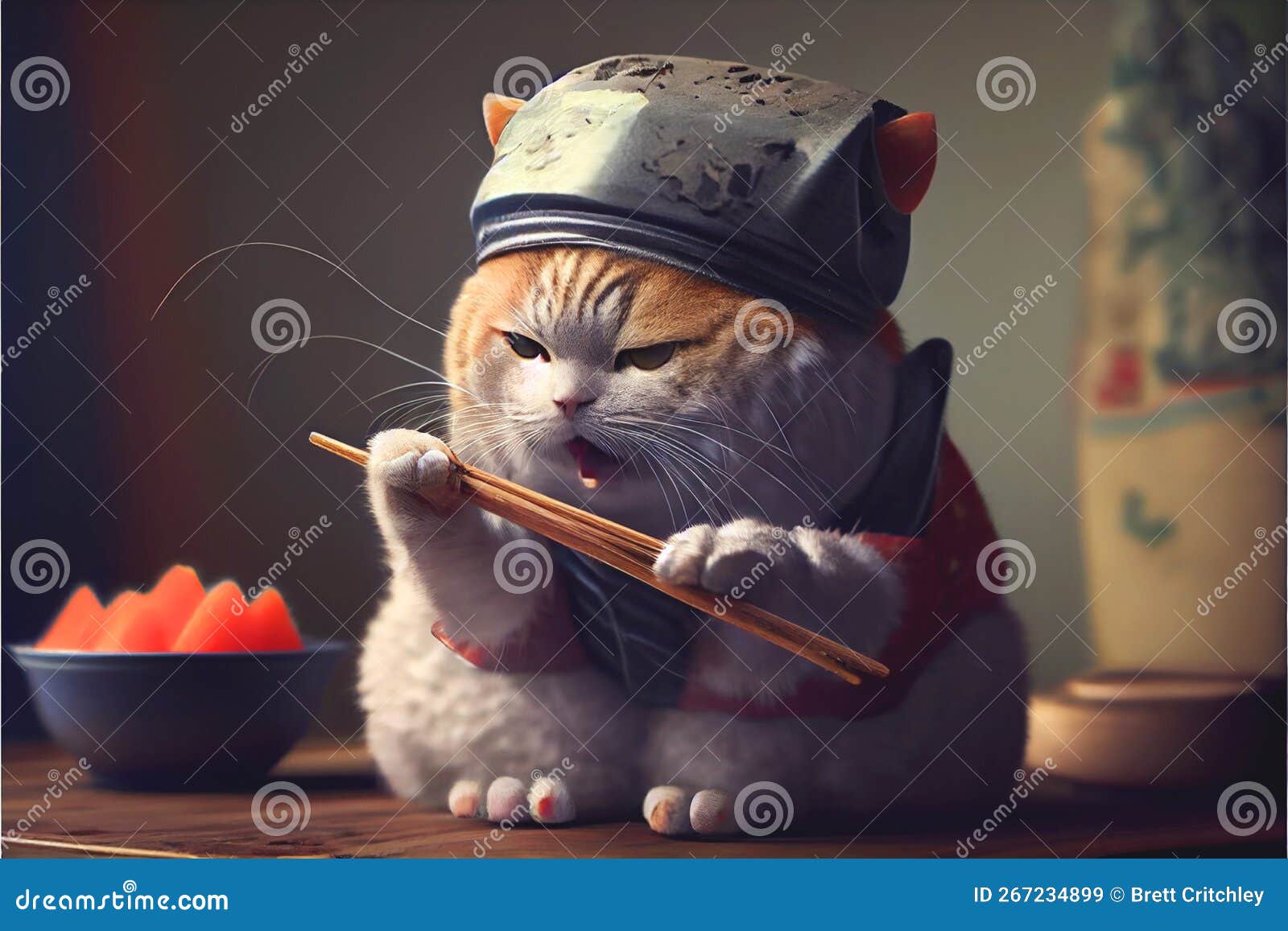 My Chef Cat Using Chopsticks Preparing and Eating Sushi Stock ...