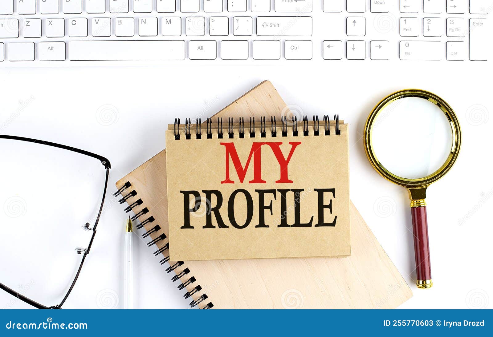 MY PROFILE Text in the Office Notebook with Keyboard, Magnifier and ...