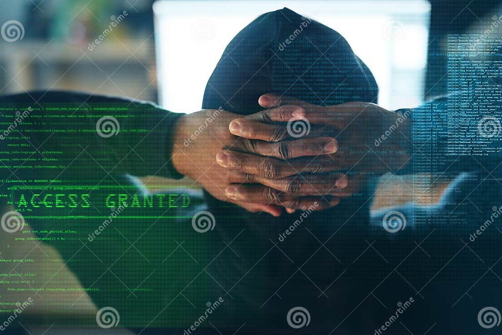 My Work Here is Done. Rearview Shot of an Unidentifiable Hacker Cracking a Computer Code in the ...