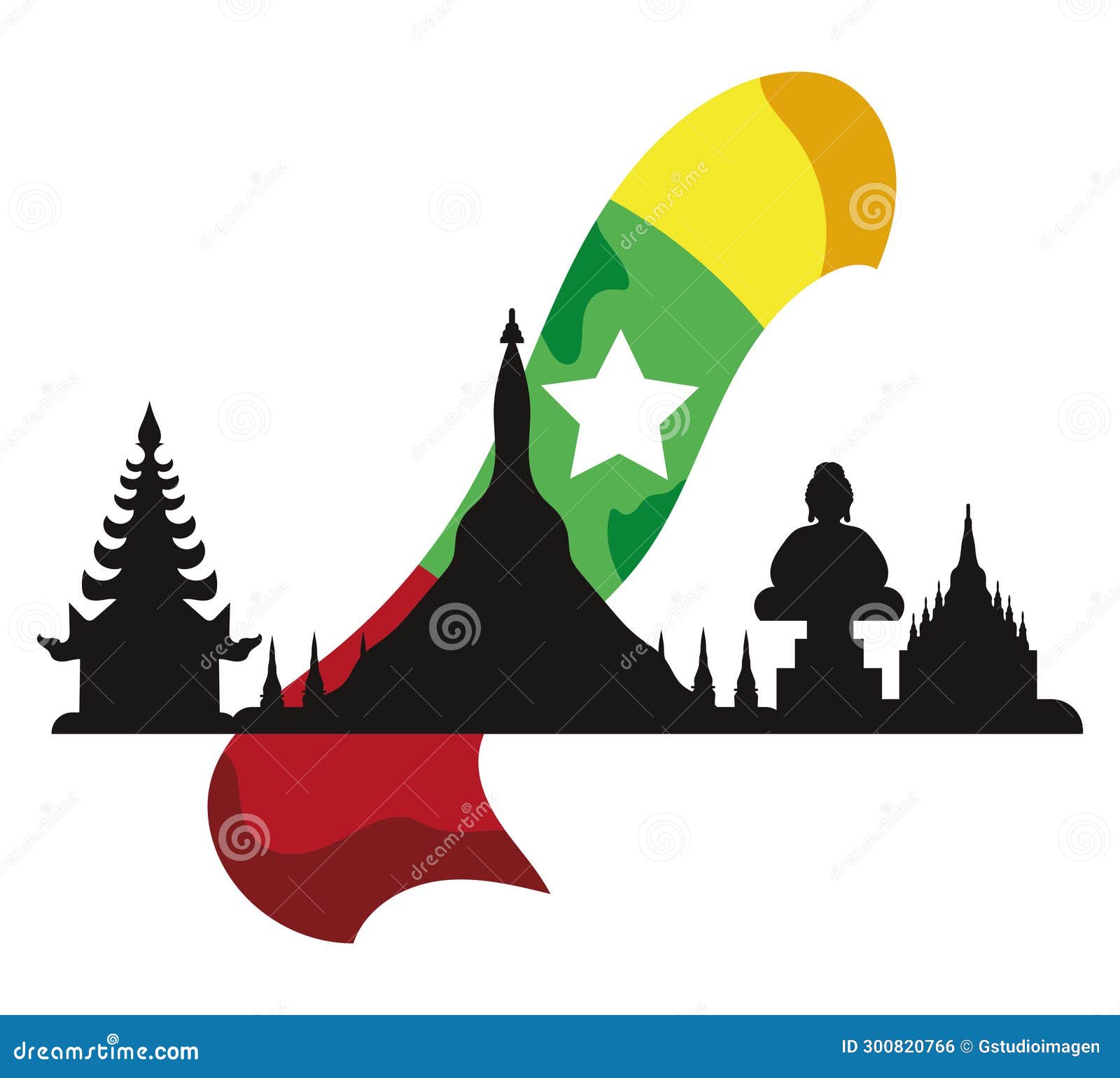 Myanmar Bagan Temples and Flag Stock Illustration - Illustration of ...