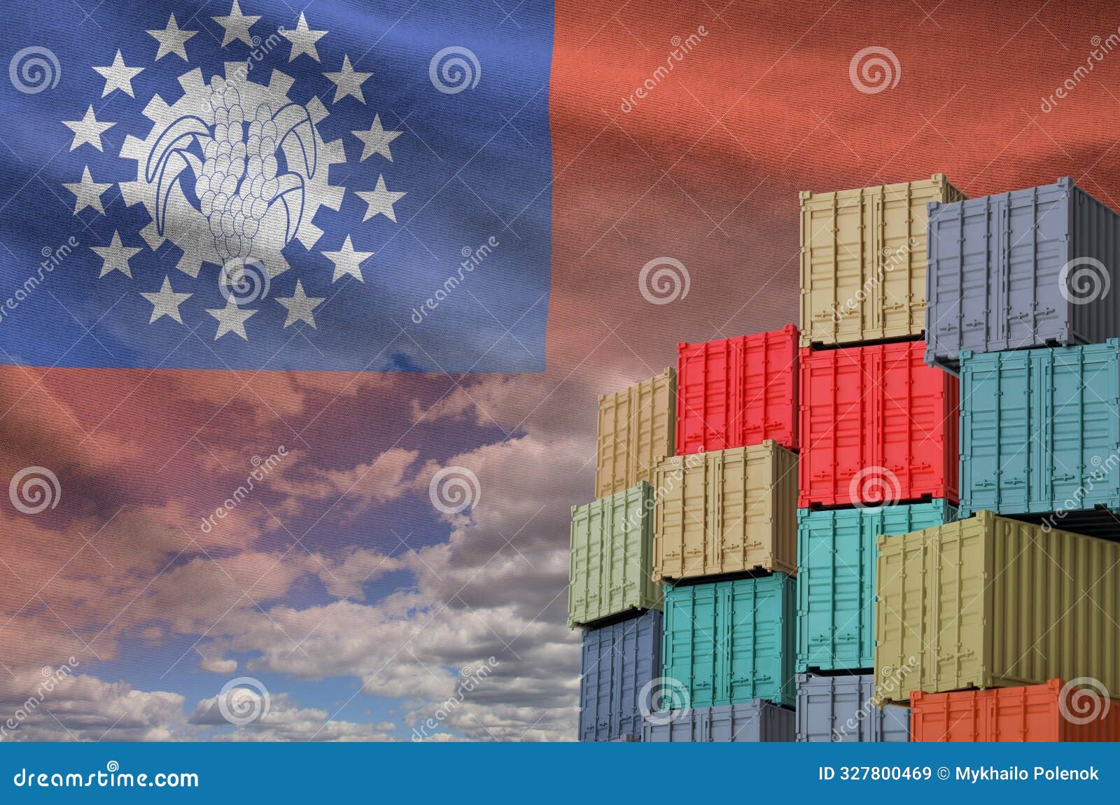 Myanmar Flag and Big Stack of Shipping Cargo Containers in Docks with ...