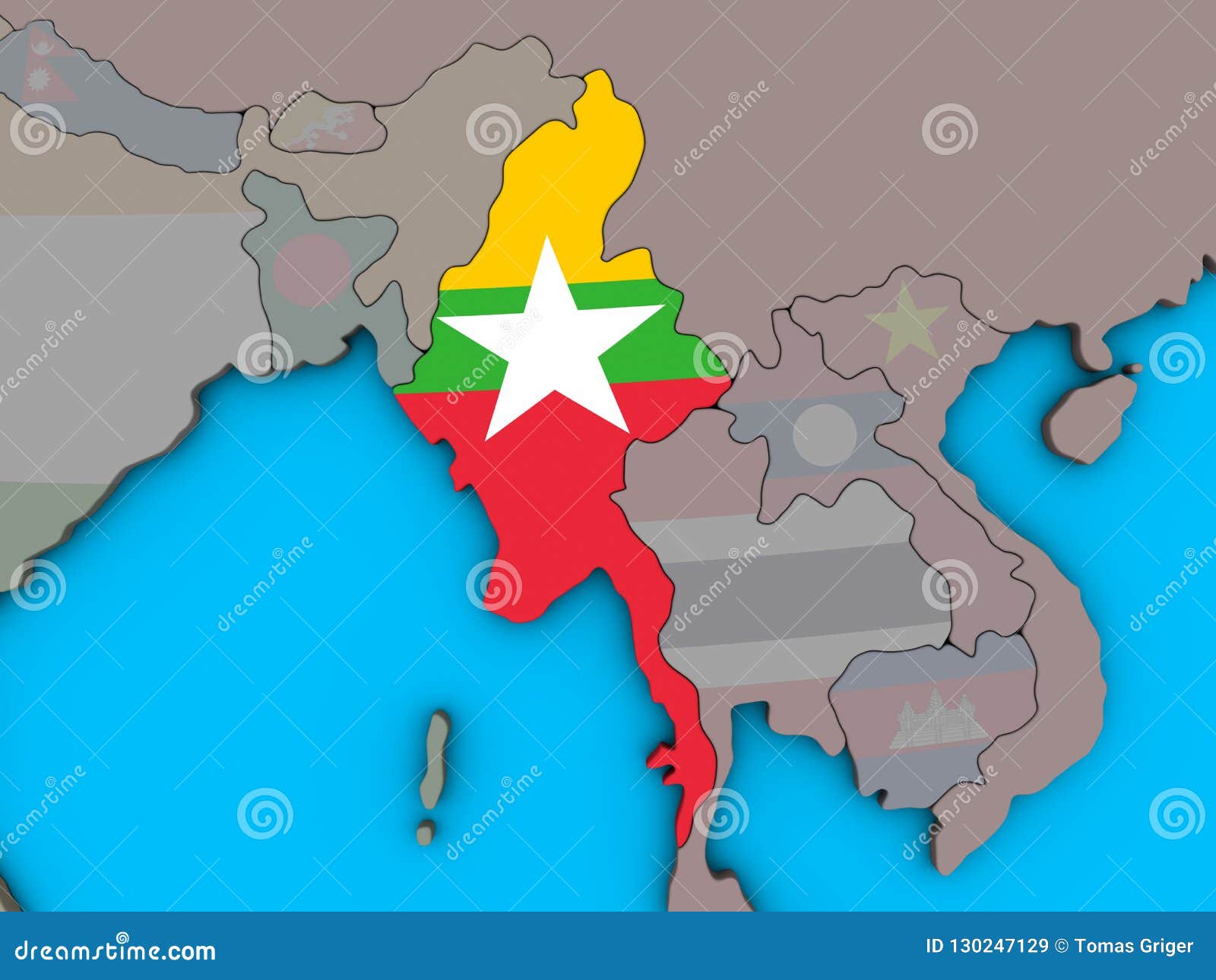 Myanmar with Flag on 3D Map Stock Illustration - Illustration of asian ...