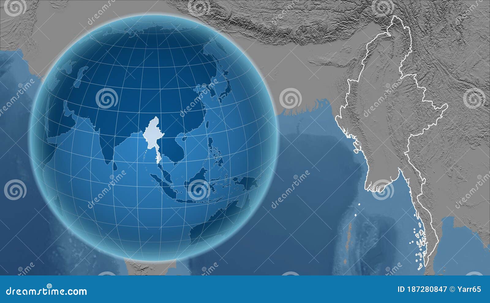 Myanmar - Grayscale. Country and Globe, Composition Stock Illustration ...