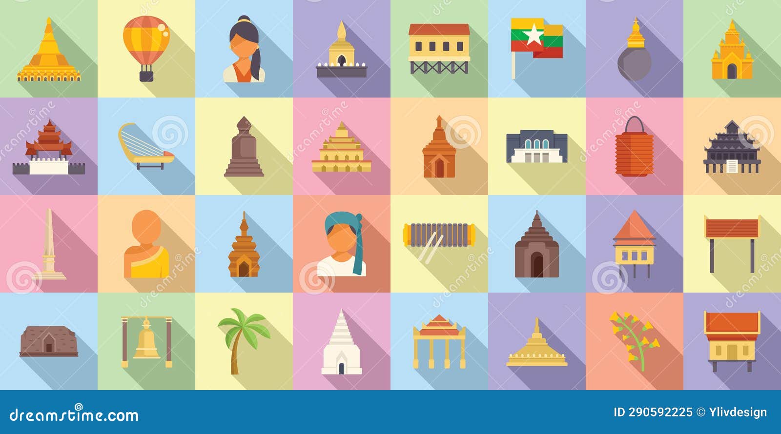 Myanmar Icons Set Flat Vector. Landmark Map Stock Vector - Illustration ...