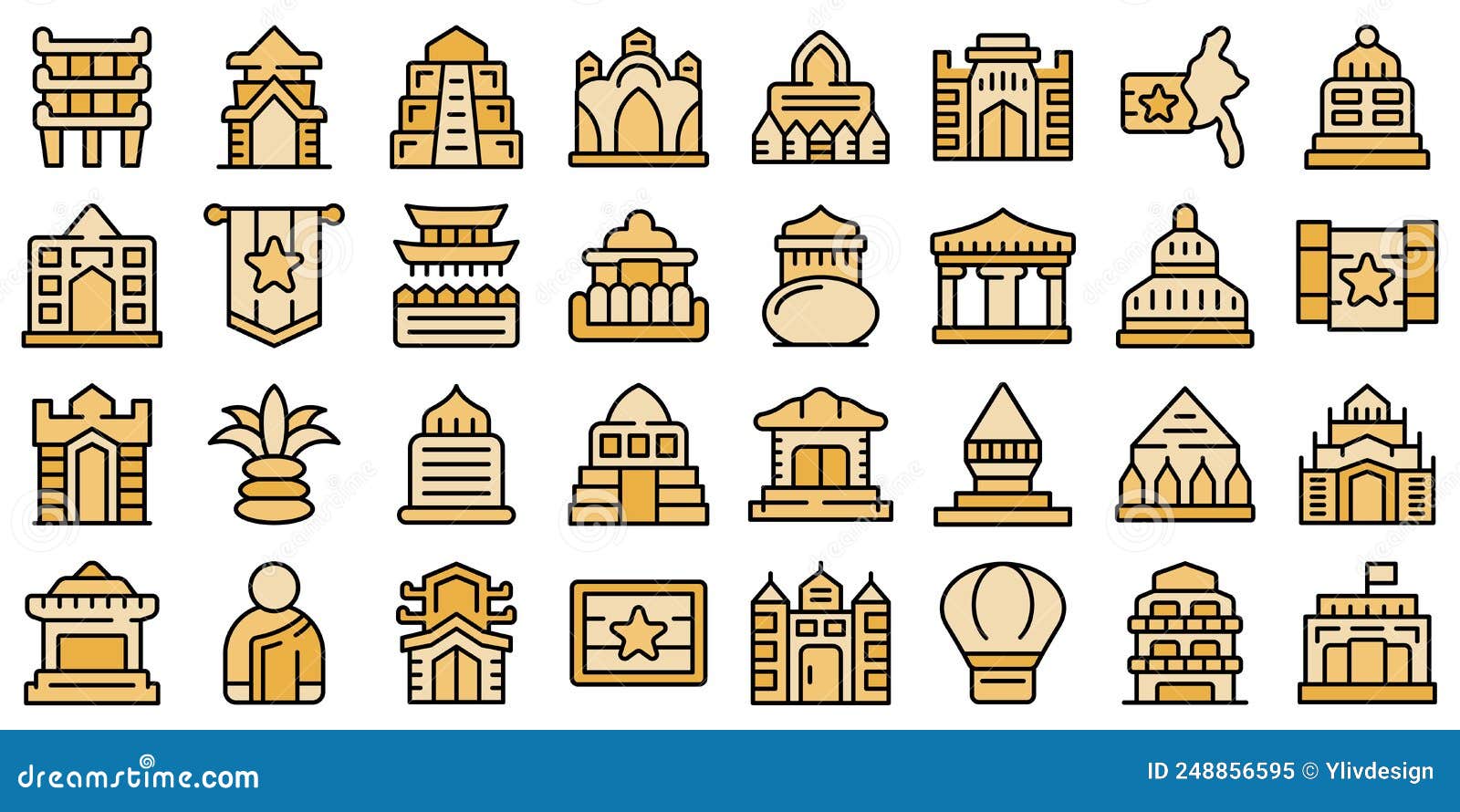 Myanmar Icons Set Outline Vector. Burma Yangon Stock Vector ...