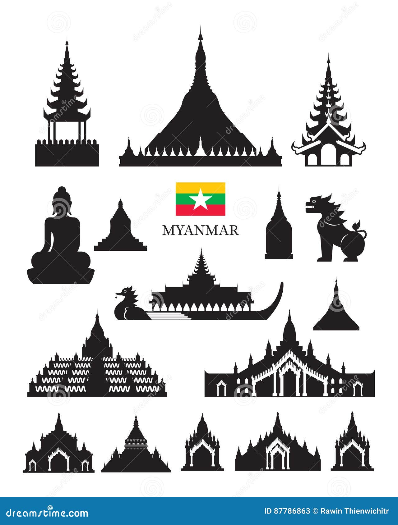 Myanmar Landmarks Architecture Building Object Set Stock Vector ...