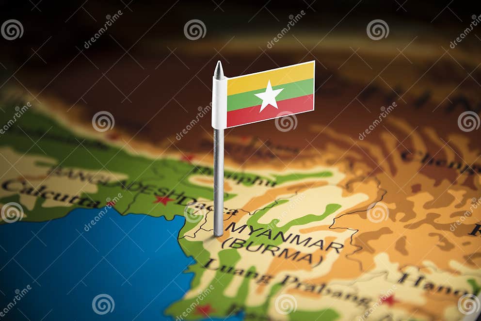 Myanmar Marked with a Flag on the Map Stock Image - Image of geography ...