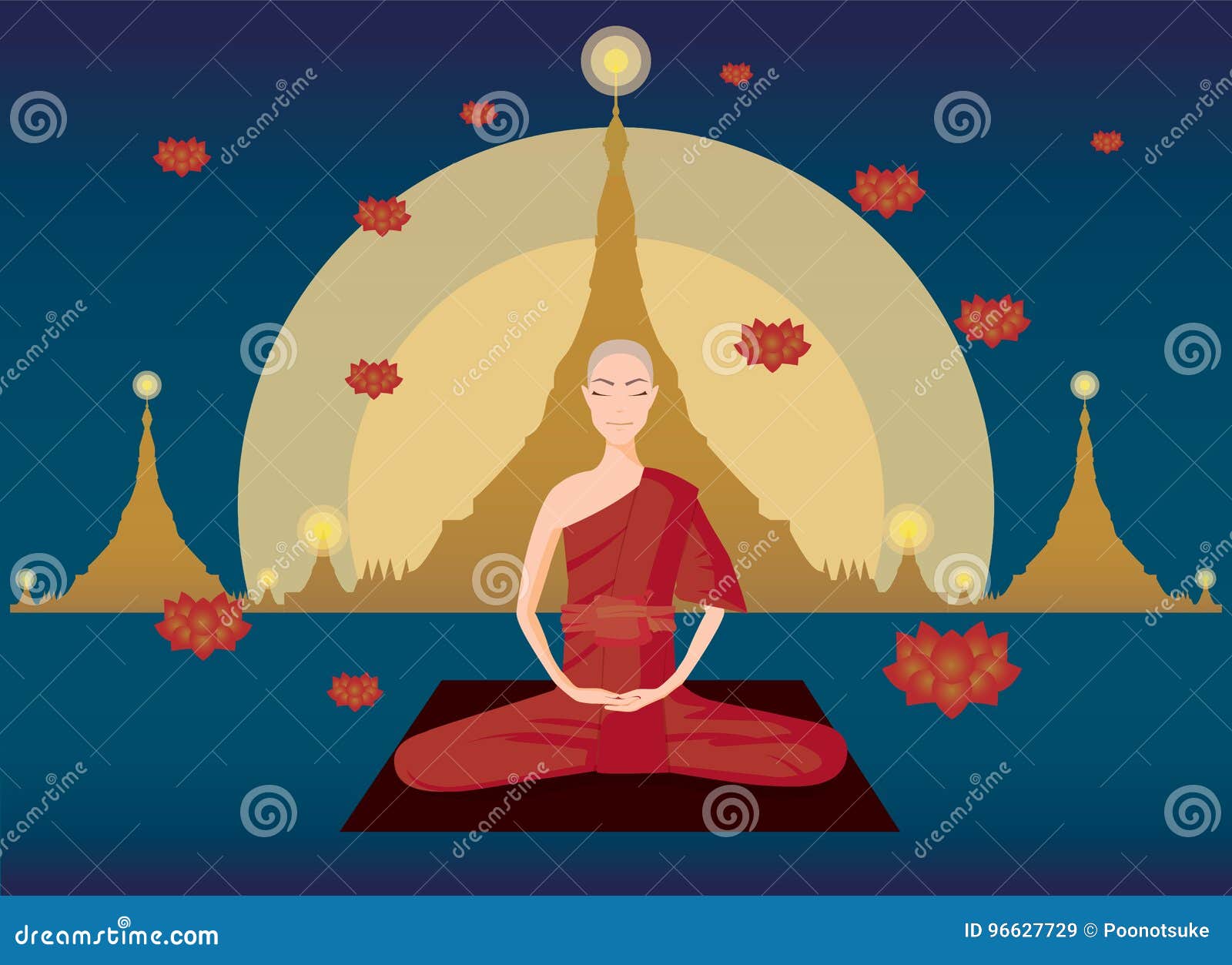 Myanmar Monk Meditation in Front of Shwedagon Pagoda Stock Vector ...