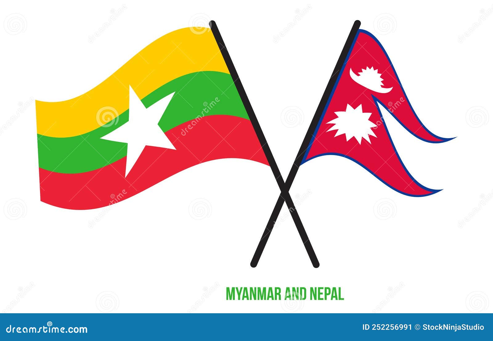 Myanmar and Nepal Flags Crossed and Waving Flat Style. Official ...