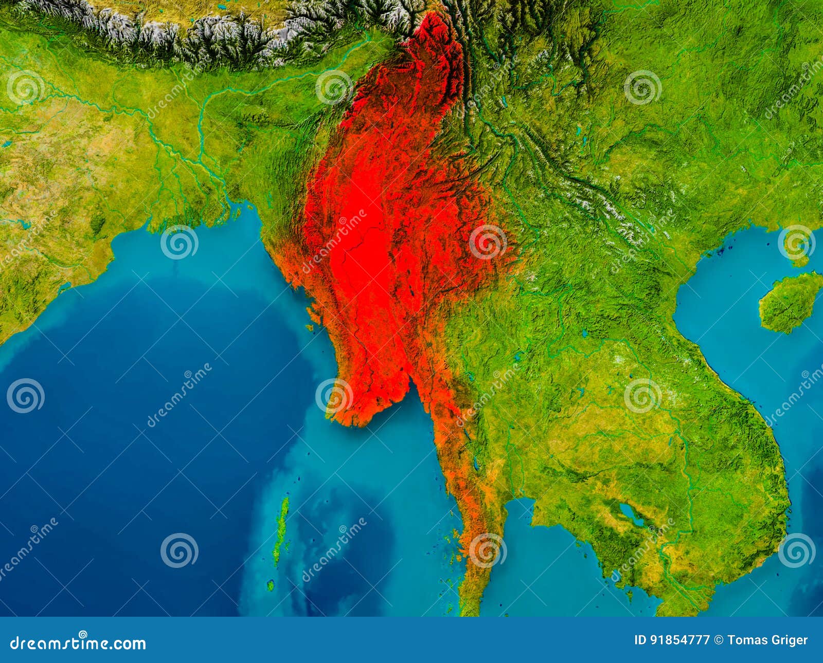 Myanmar on physical map stock illustration. Illustration of asia - 91854777