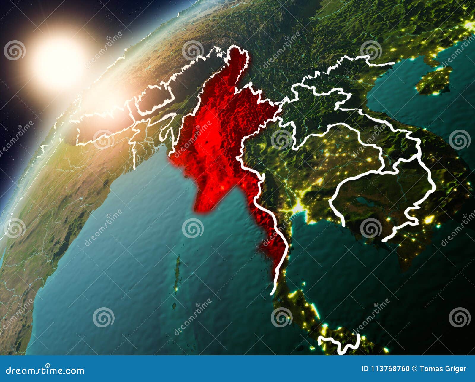 Myanmar on Planet Earth in Sunset Stock Illustration - Illustration of ...
