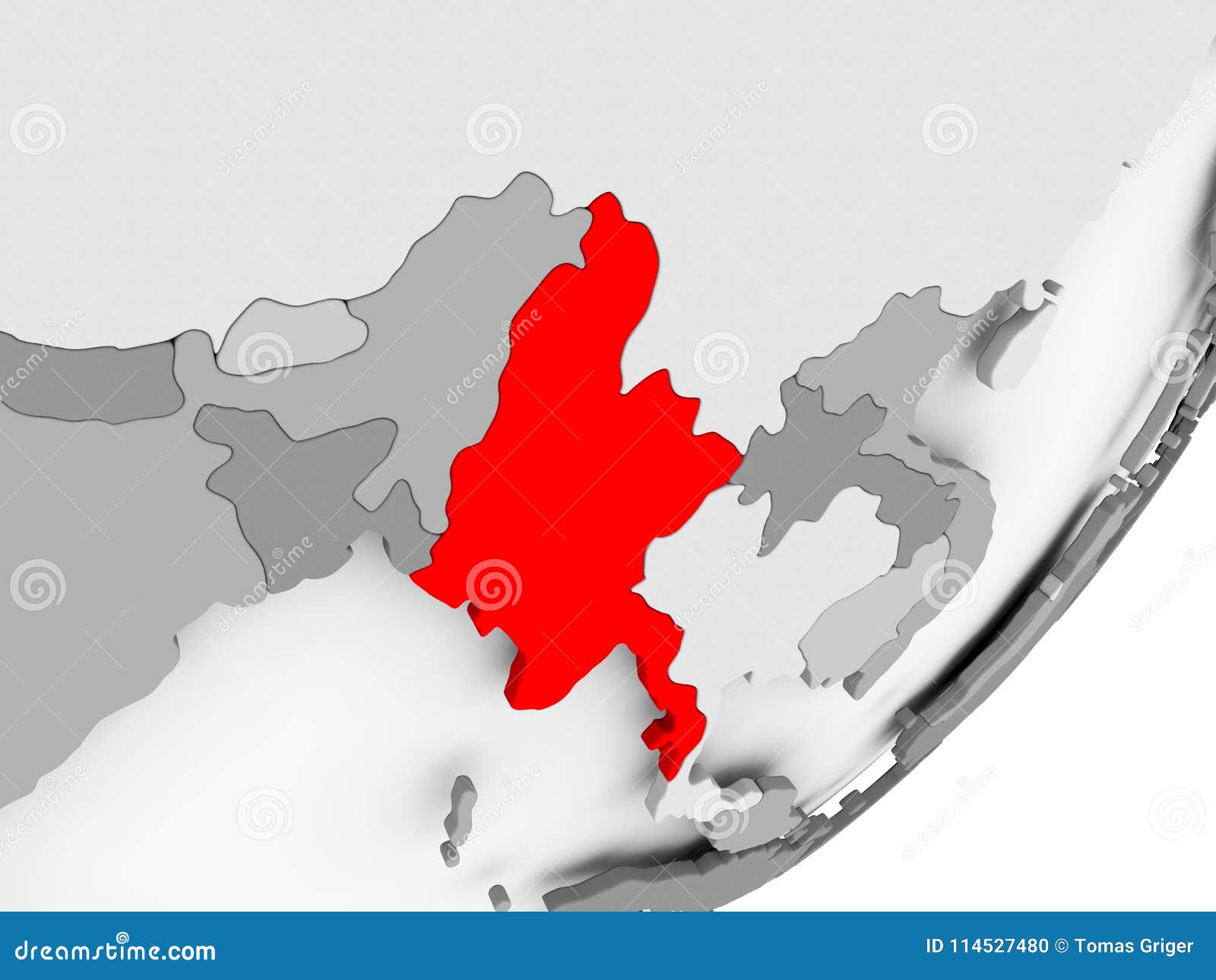 Myanmar in red on grey map stock illustration. Illustration of country ...