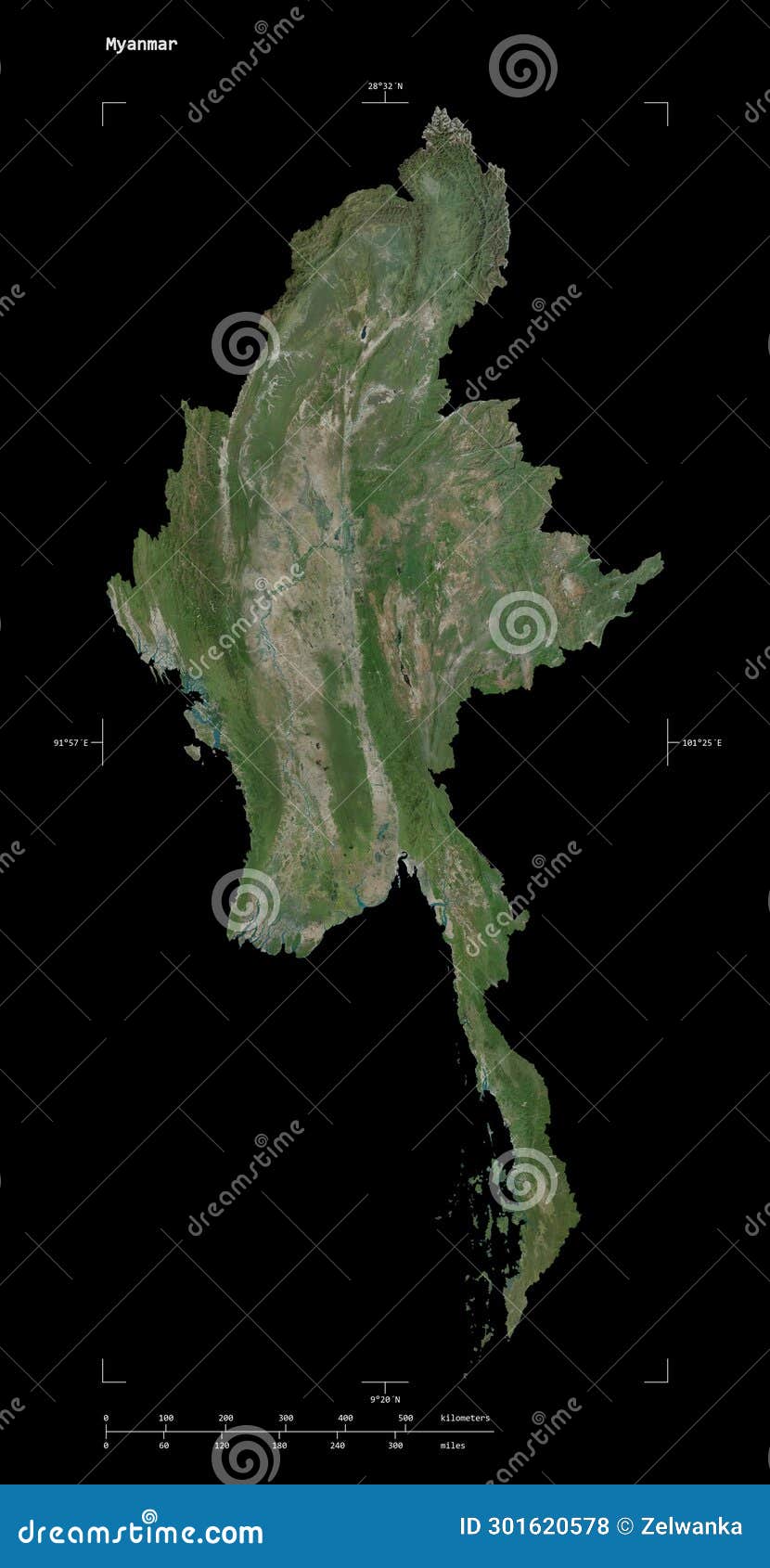 Myanmar Shape on Black. High-res Satellite Stock Illustration ...