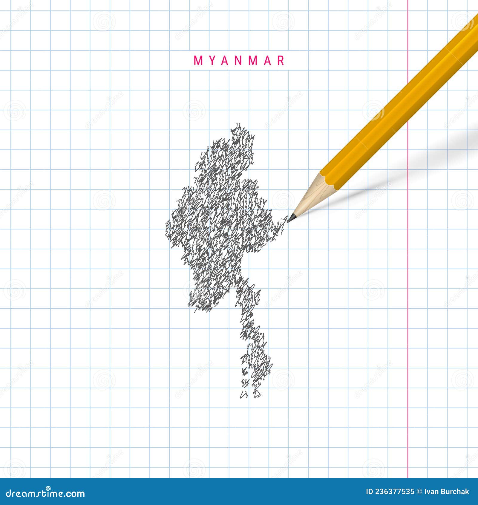 Myanmar Sketch Scribble Vector Map Drawn On Checkered School Notebook Paper Background ...