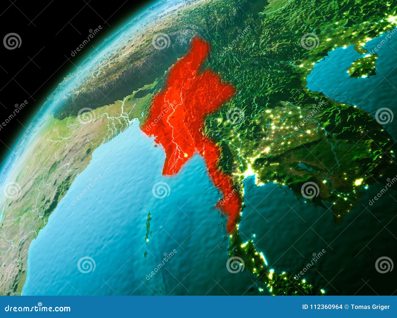 Myanmar from Space in Evening Stock Illustration - Illustration of ...