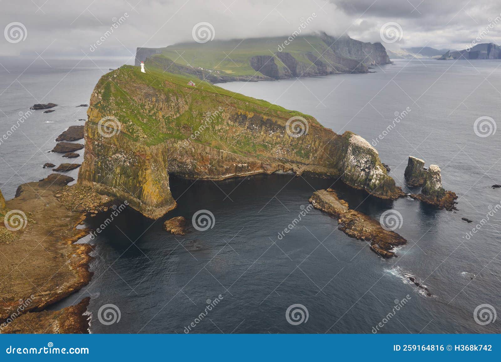 Mykines Lighthouse and Cliffs on Faroe Islands from Helicopter Stock ...