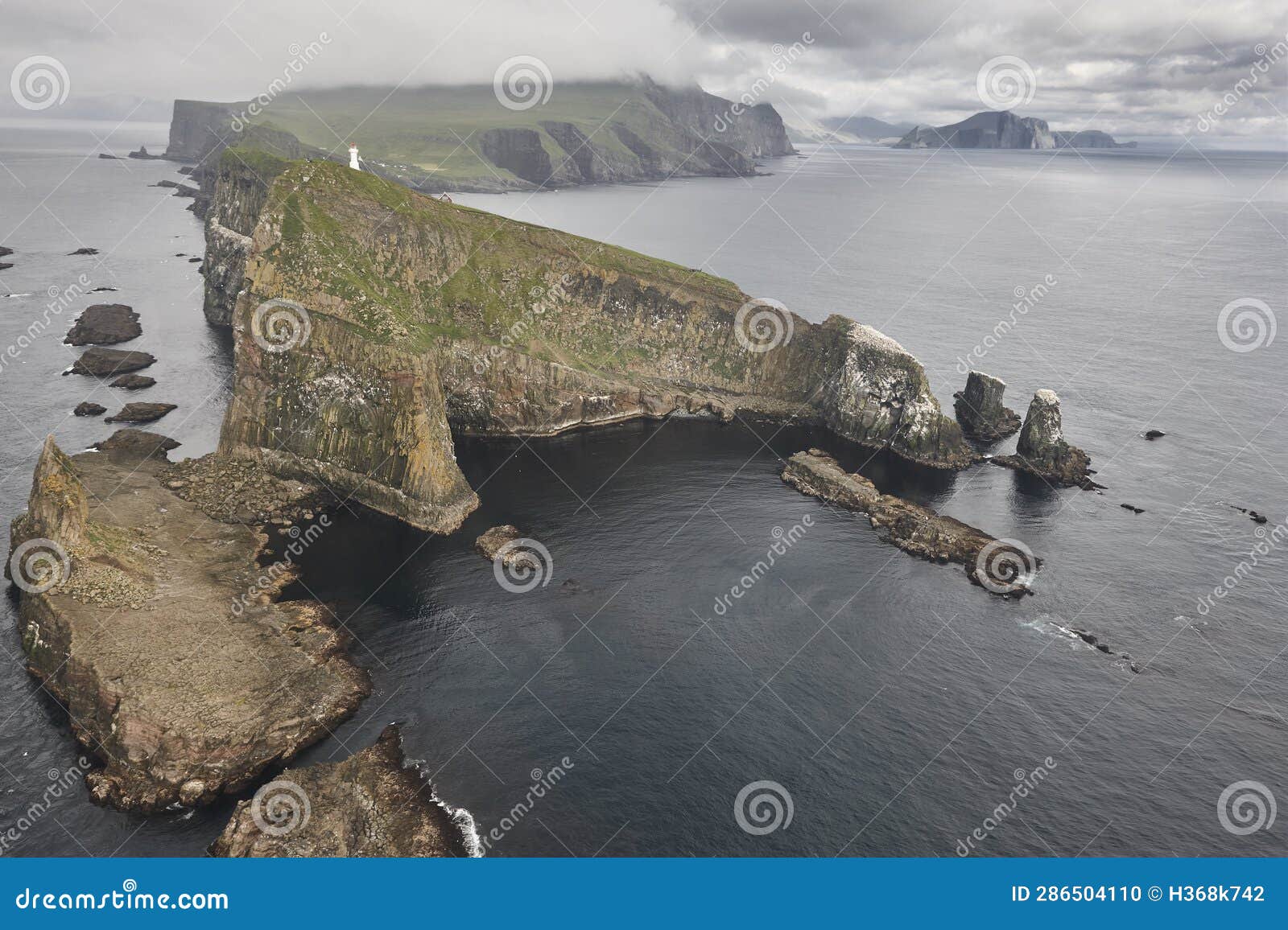 Mykines Lighthouse and Cliffs on Faroe Islands from Helicopter Stock ...