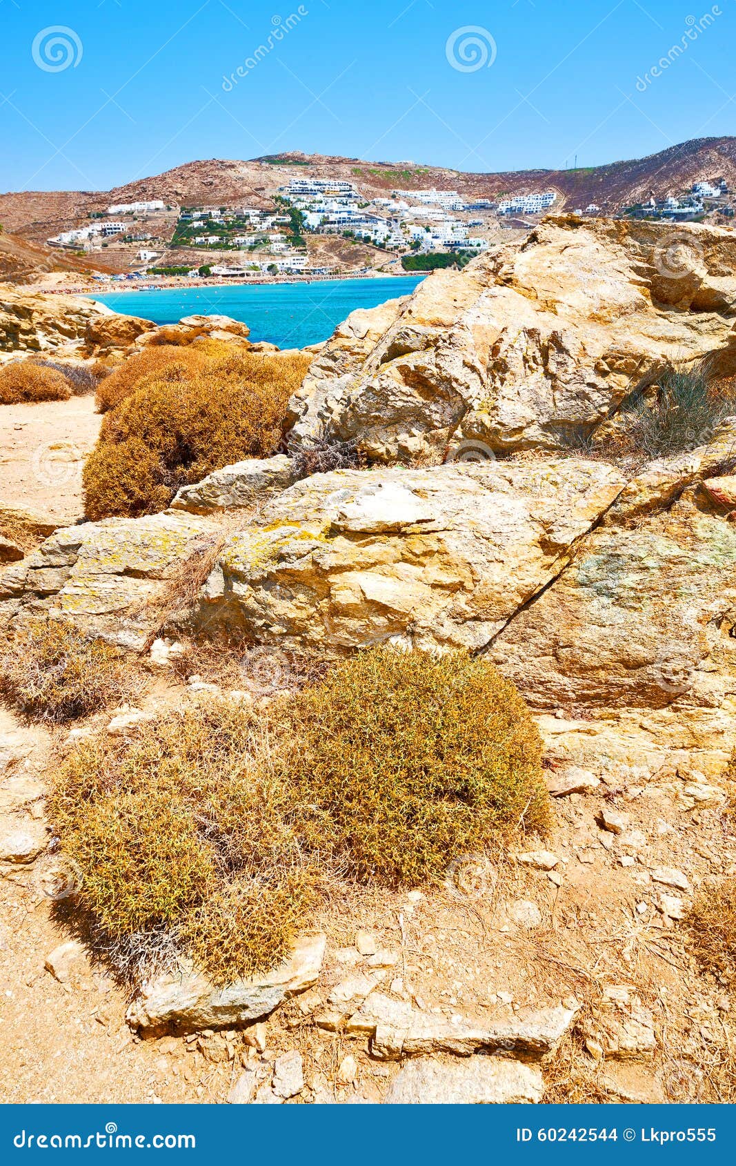In the Mykonos Island Rock Sea and Blue Sky Stock Photo - Image of bush ...