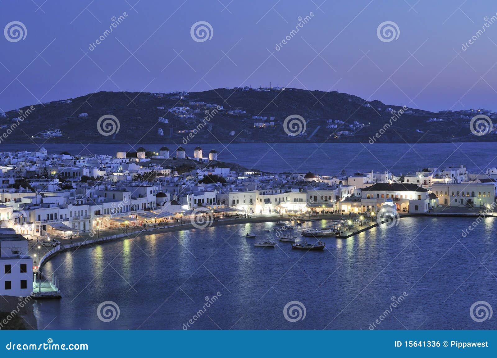 Mykonos Port at night stock photo. Image of view, windmill - 15641336