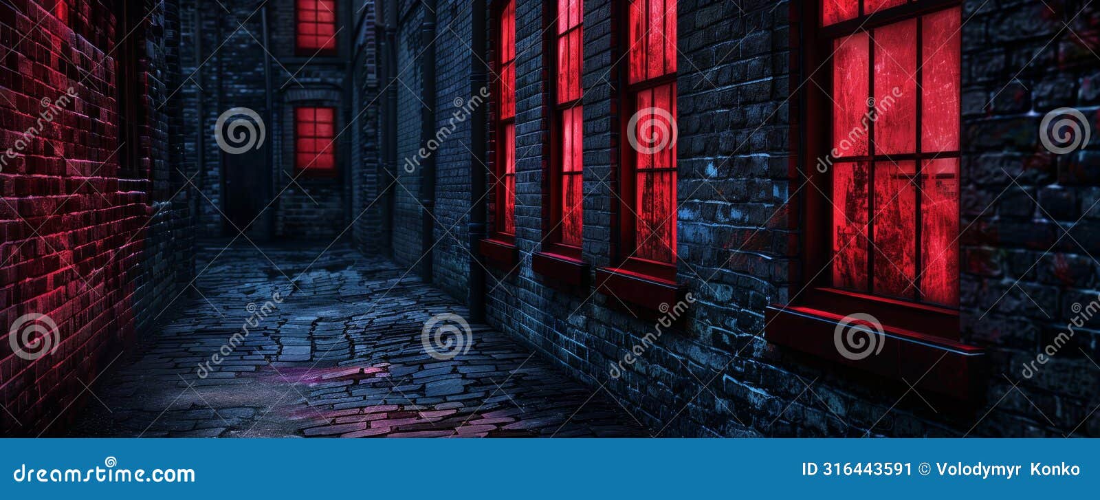 Mysterious Alley with Glowing Red Windows at Night Stock Image - Image ...