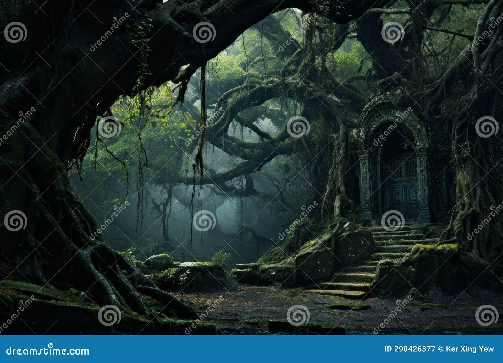 Mysterious Ancient Forest stock illustration. Illustration of trees ...