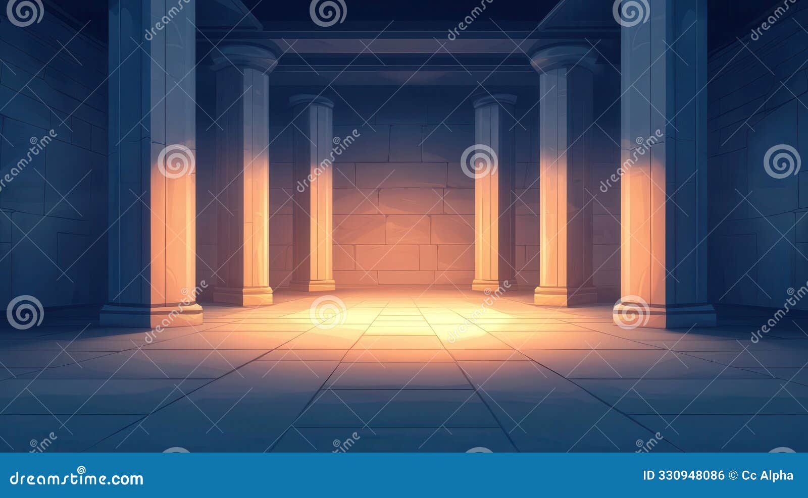 Mysterious Ancient Hall with Pillars and Light Illuminating the Center ...