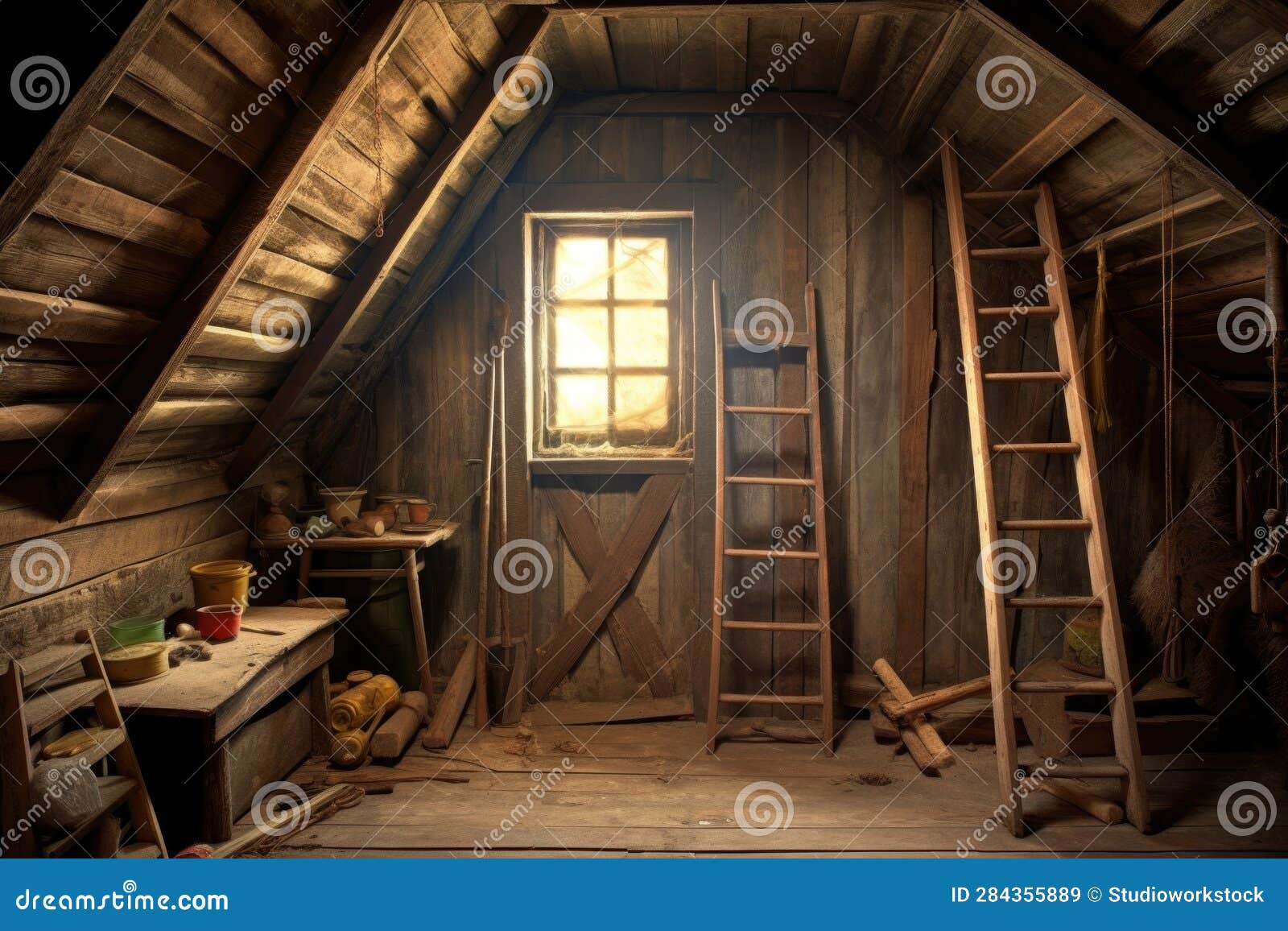 Mysterious Attic Door Ajar with Ladder Inviting Exploration Stock Image ...