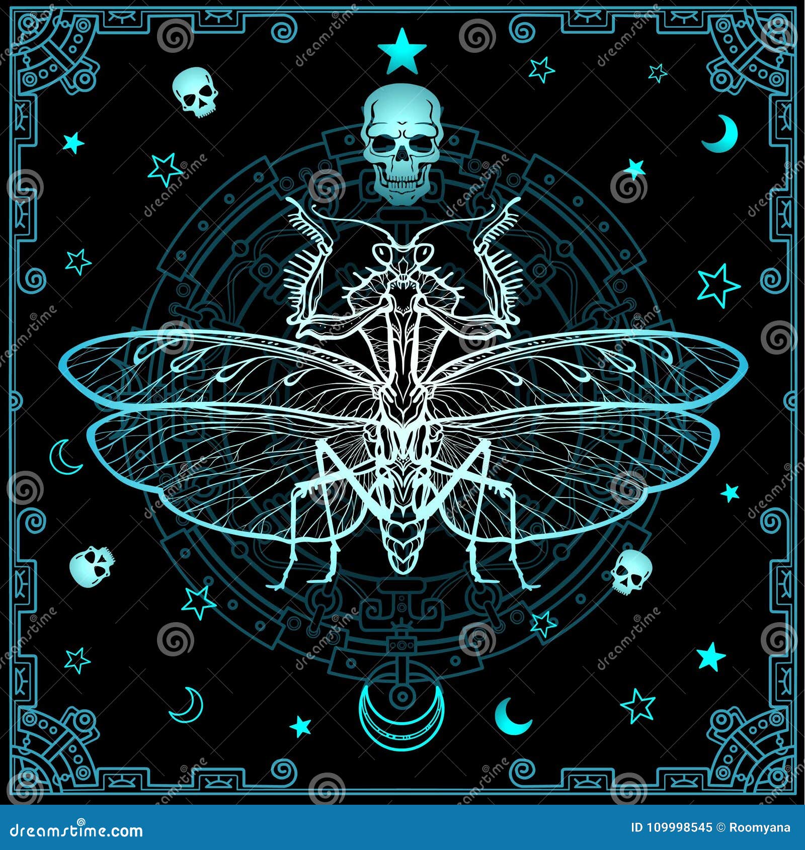 Mysterious Background: the Stylized Color Image of a Mantis, a Mystical ...