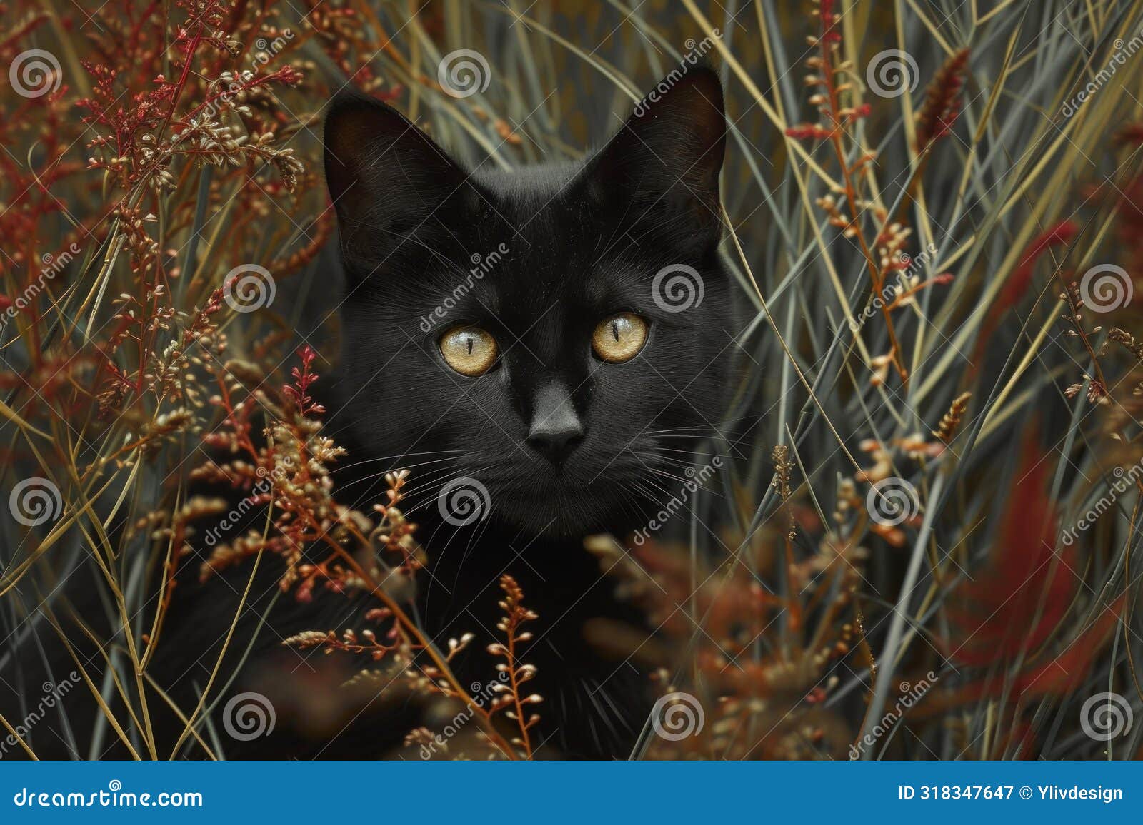 Mysterious Black Cat In Grass Generate Ai Stock Image Cartoondealer