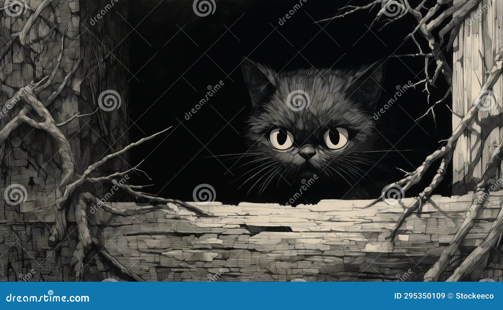 Mysterious Black Cat Peeking from Tree Trunk - Dark Realism Art Stock ...