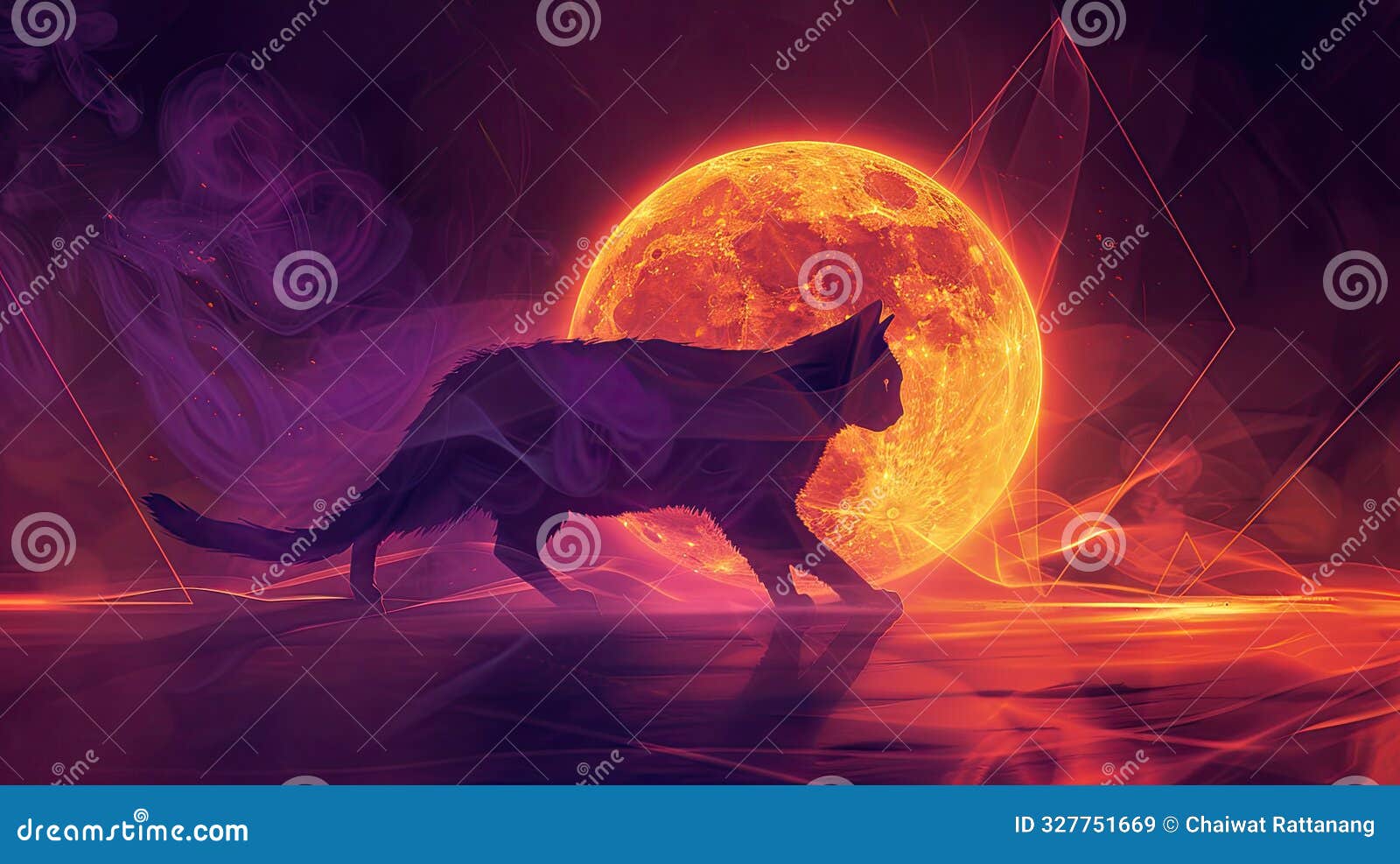 Mysterious Black Cat Walking Under Full Moon with Orange Triangle Path ...