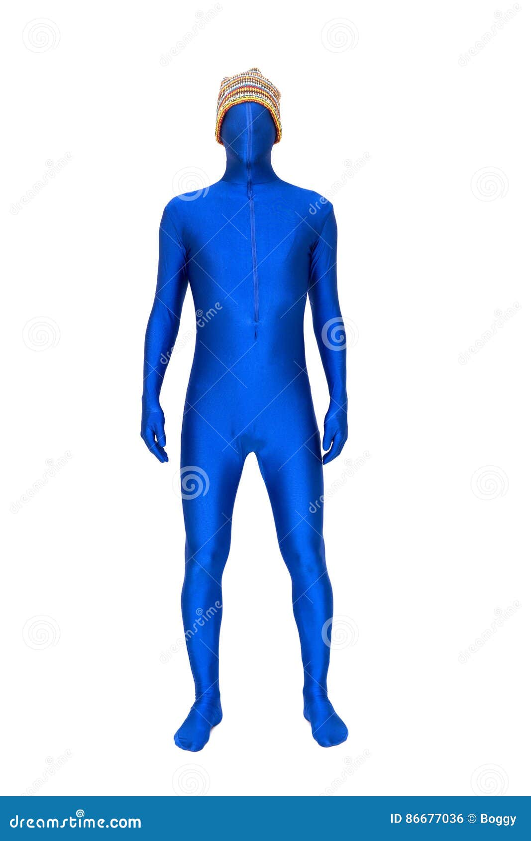 Mysterious Blue Man in Morphsuit Stock Photo - Image of standing ...